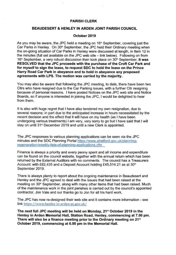 PARISH CLERK – OCTOBER REPORT – Henley in Arden Parish Council