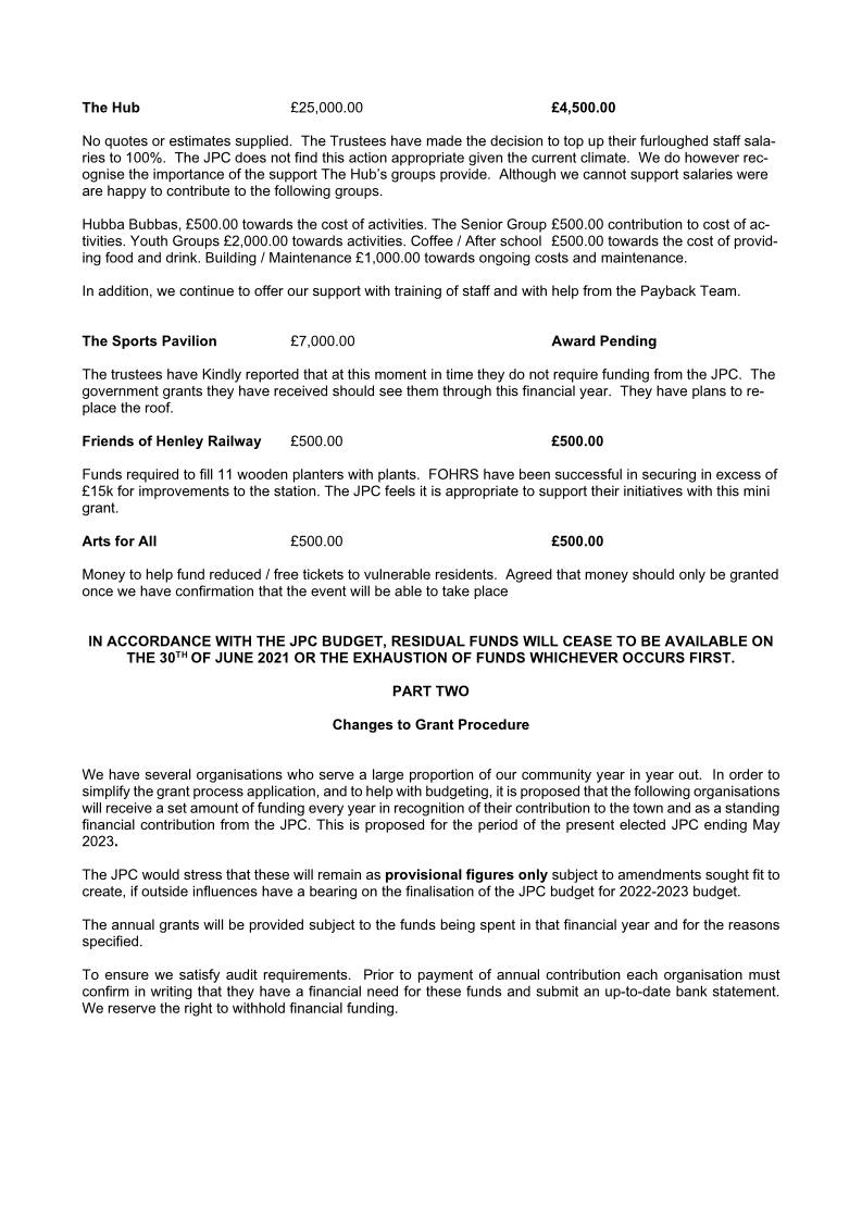 JPC GRANT AWARDS 2021-2022 STATEMENT – Henley in Arden Parish Council